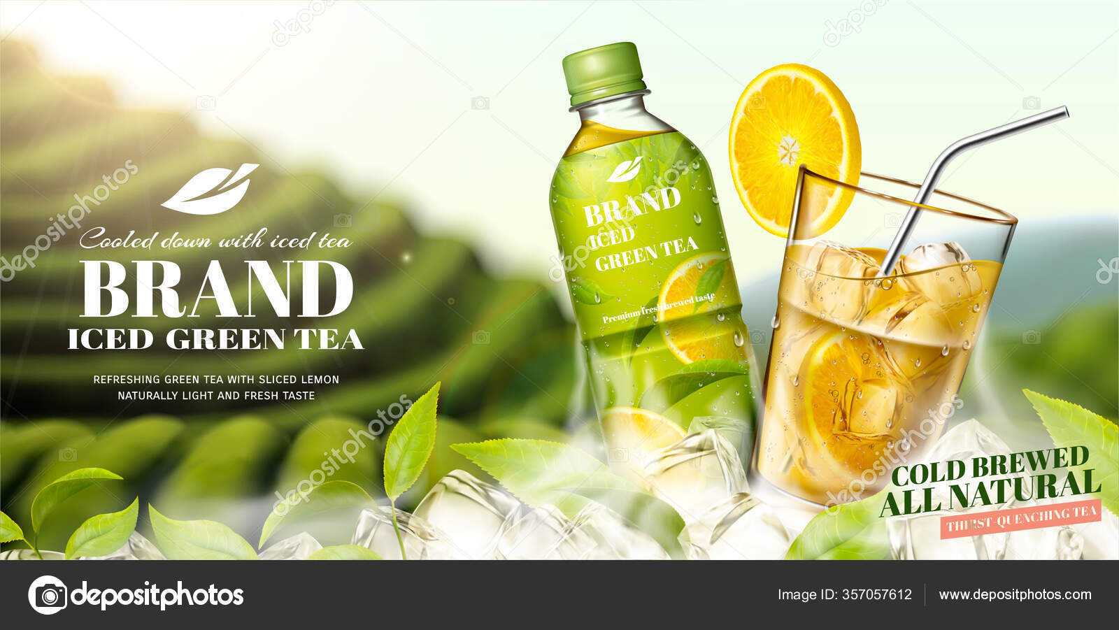 Bottled Green Tea Ads Flying Tea Leaves Ice Cubes Bokeh Stock Vector ...