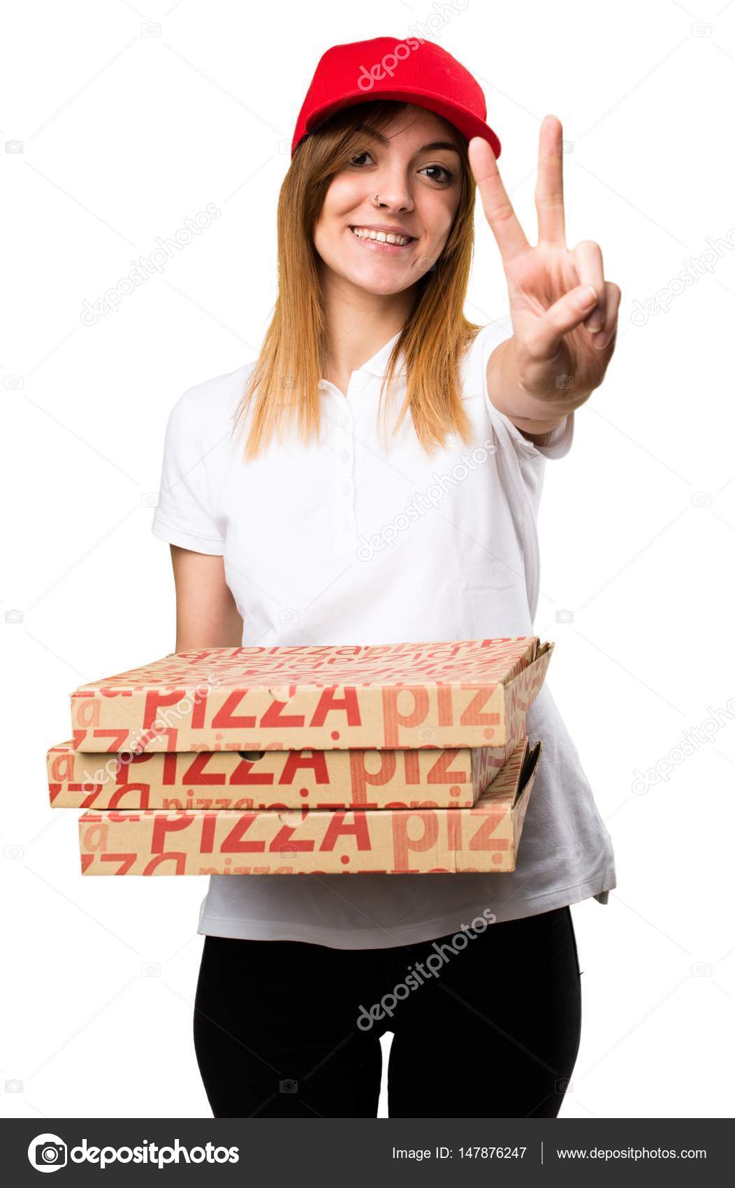 Pizza delivery woman counting two — Stock Photo © luismolinero #147876247