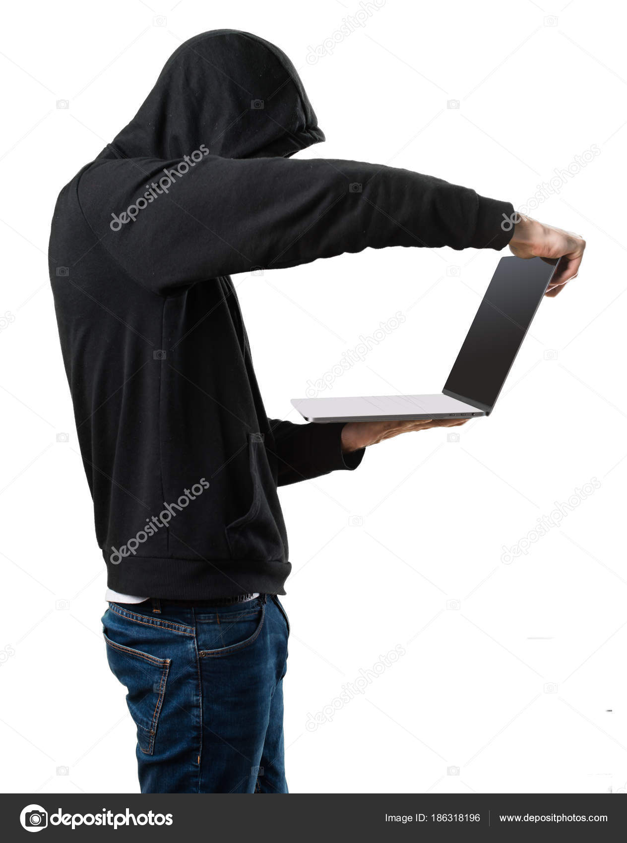 Frustrated hacker with his computer on isolated white background Stock ...