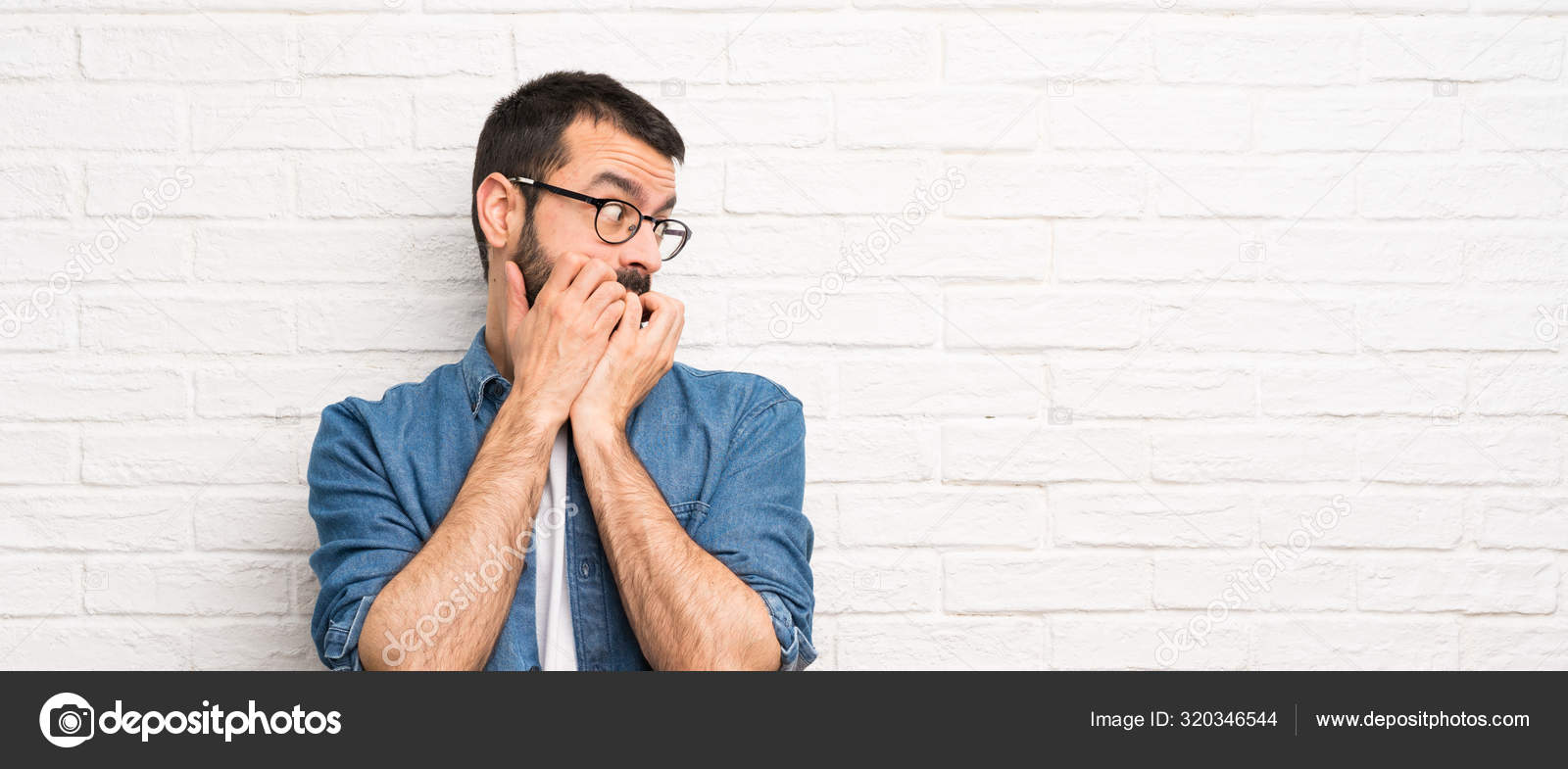 Handsome Man Beard White Brick Wall Nervous Scared Putting Hands Stock ...