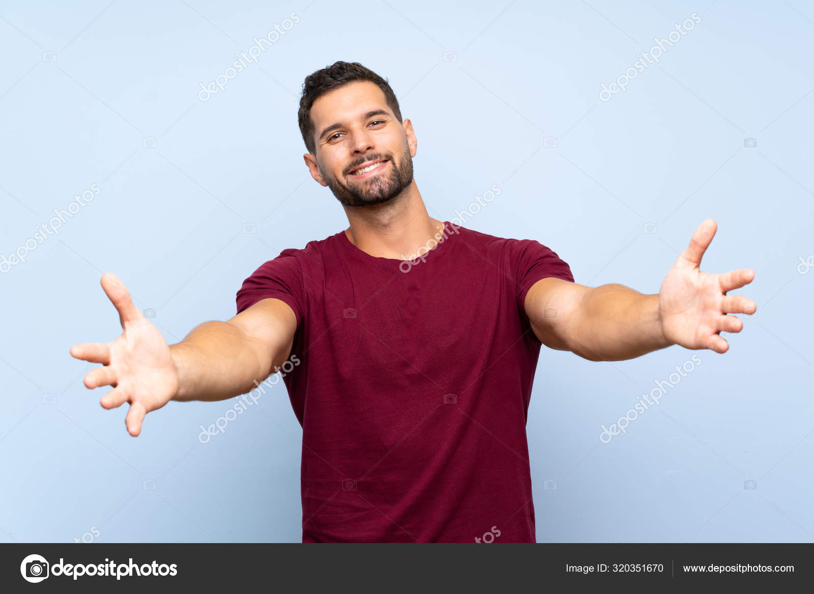 Handsome Man Isolated Blue Background Presenting Inviting Come Hand ...