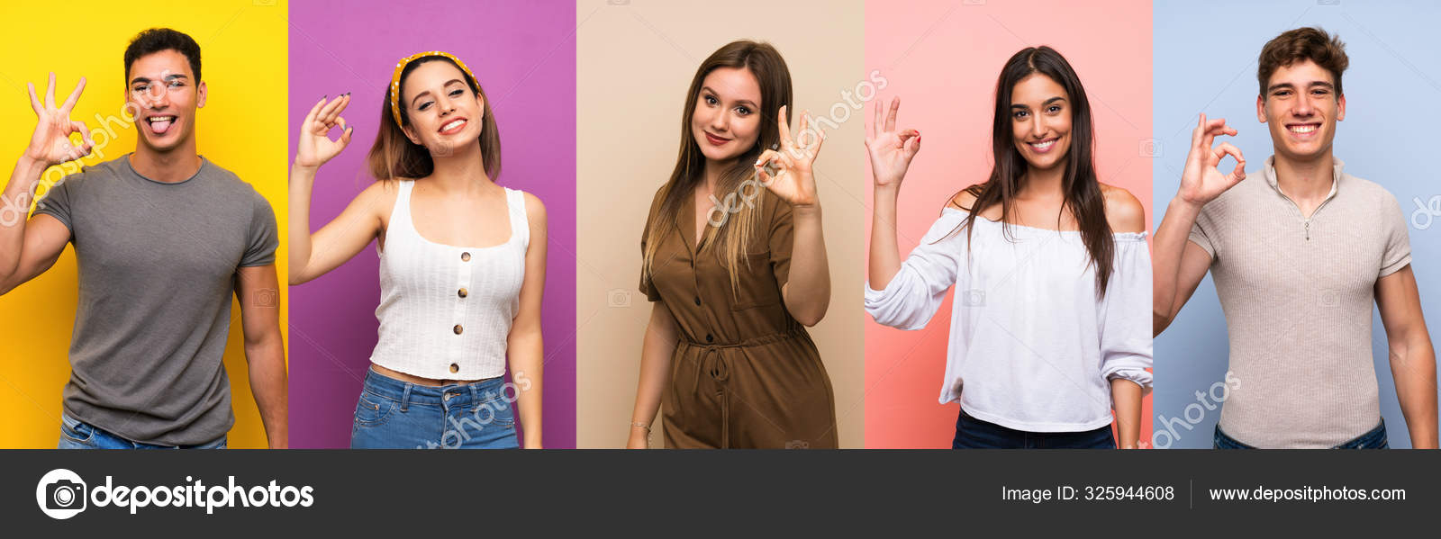 Set People Colorful Background Showing Sign Fingers Stock Photo by ...