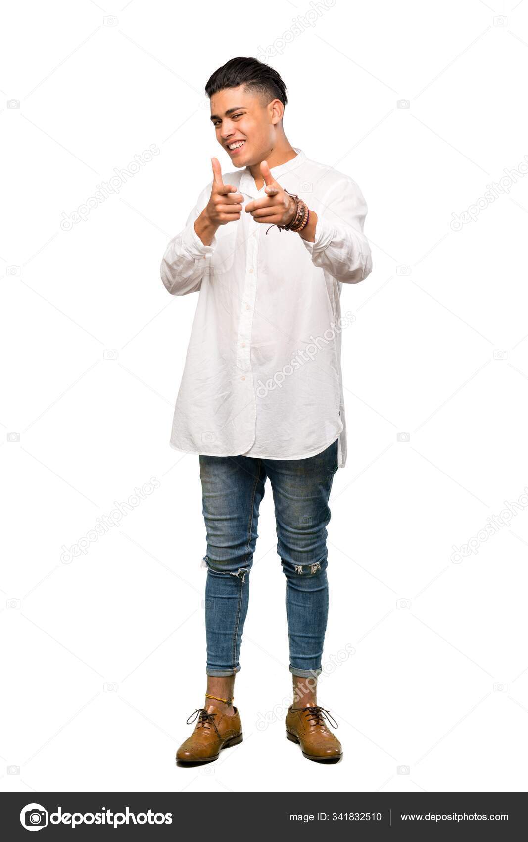 Full Length Shot Young Man Pointing Front Smiling Isolated White ...
