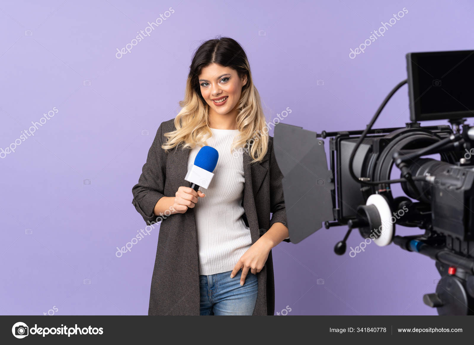 Reporter Teenager Girl Holding Microphone Reporting News Isolated ...
