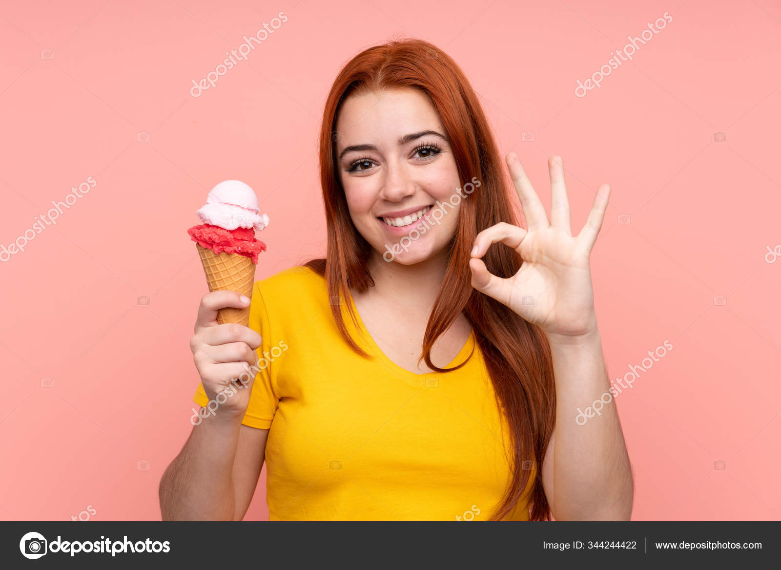 Young Girl Cornet Ice Cream Isolated Background Showing Sign Fingers ...