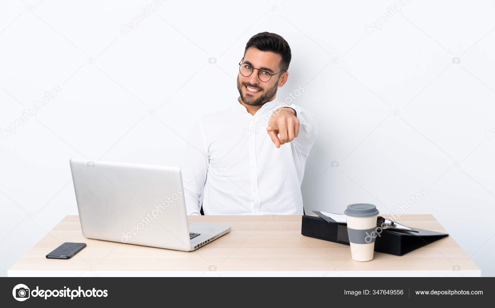 Young Businessman Workplace Points Finger You Confident Expression ...