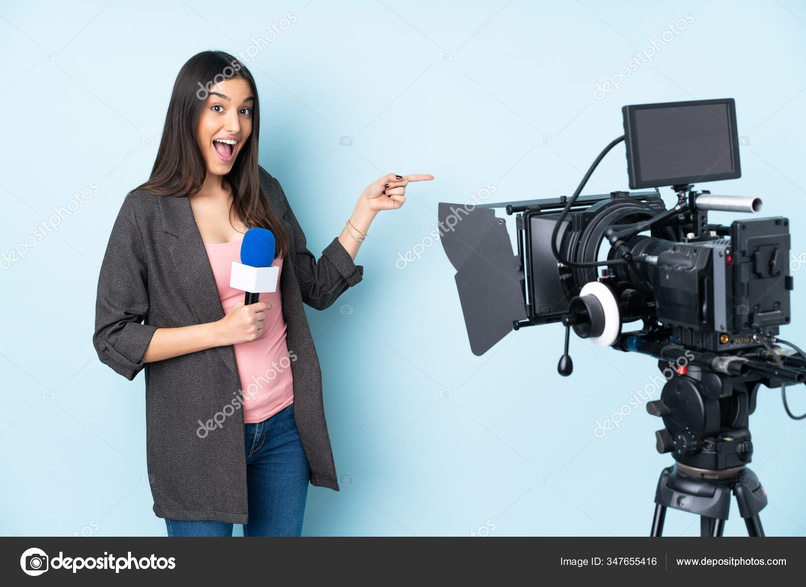 Reporter Woman Holding Microphone Reporting News Isolated Blue ...