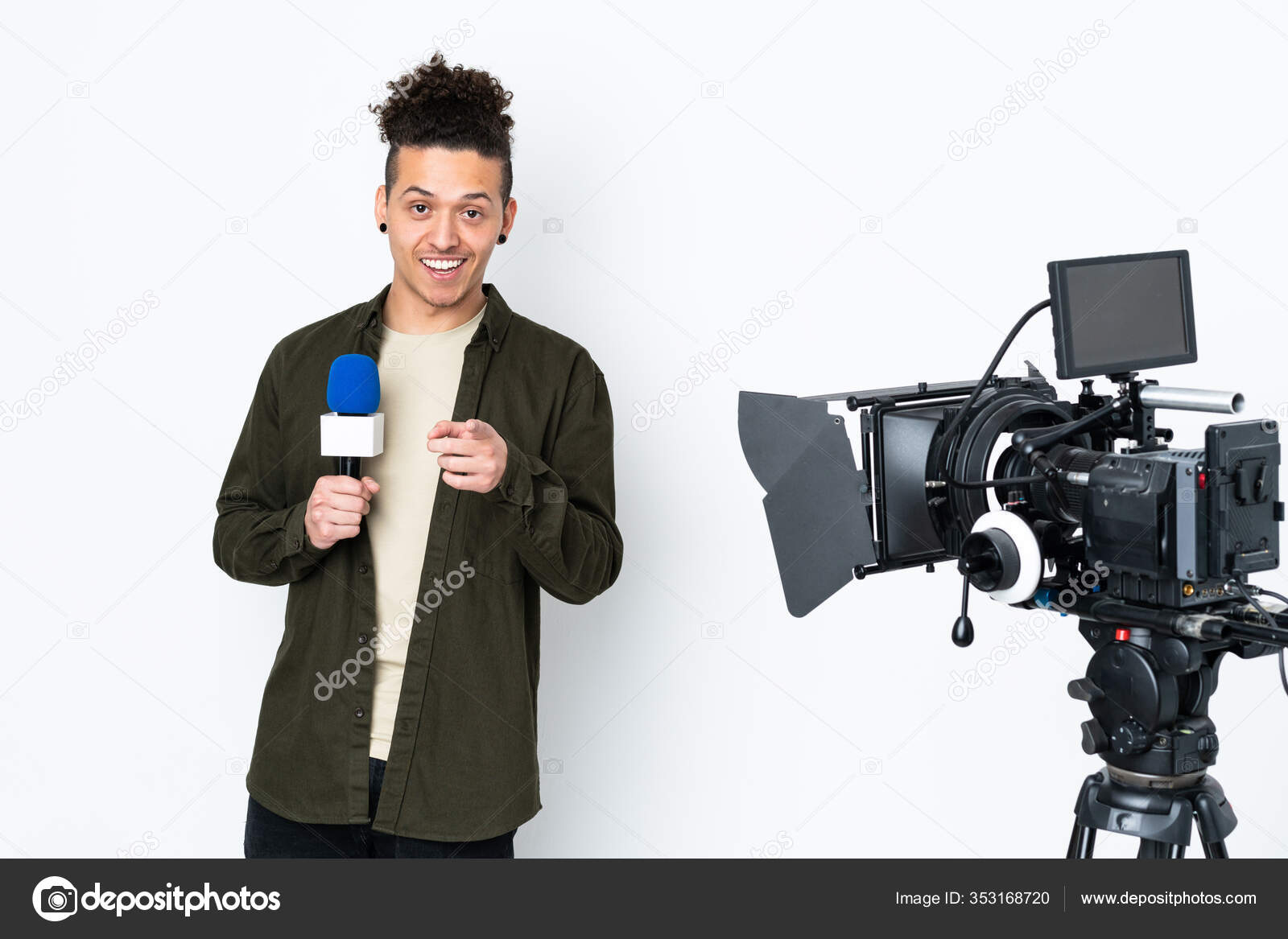 Reporter Man Holding Microphone Reporting News Points Finger You ...