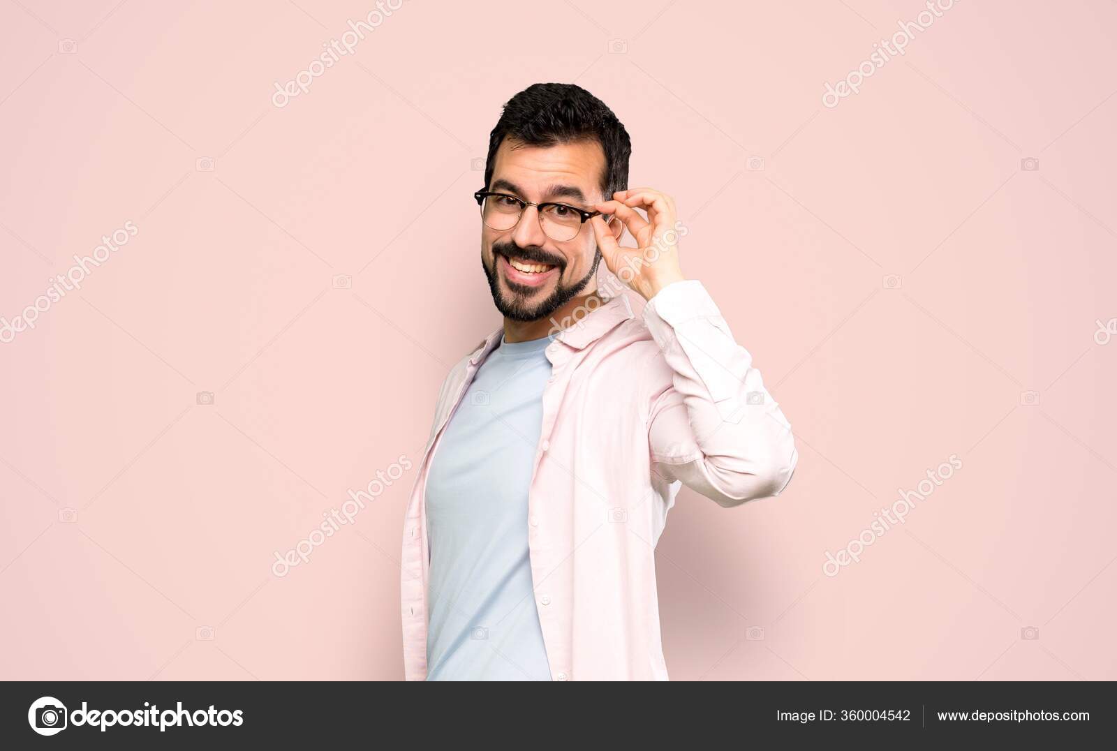 Handsome Man Beard Glasses Smiling Isolated Pink Background — Stock