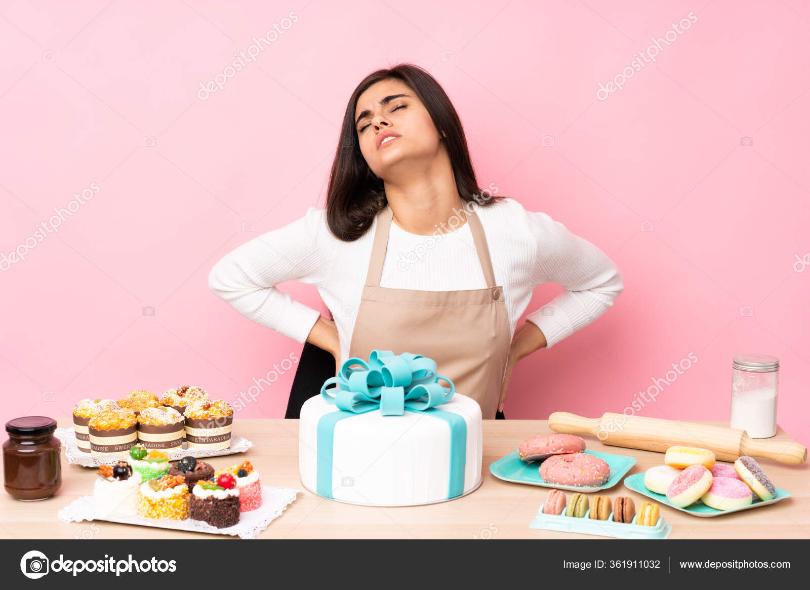 Pastry Chef Big Cake Table Isolated Pink Background Suffering Backache ...