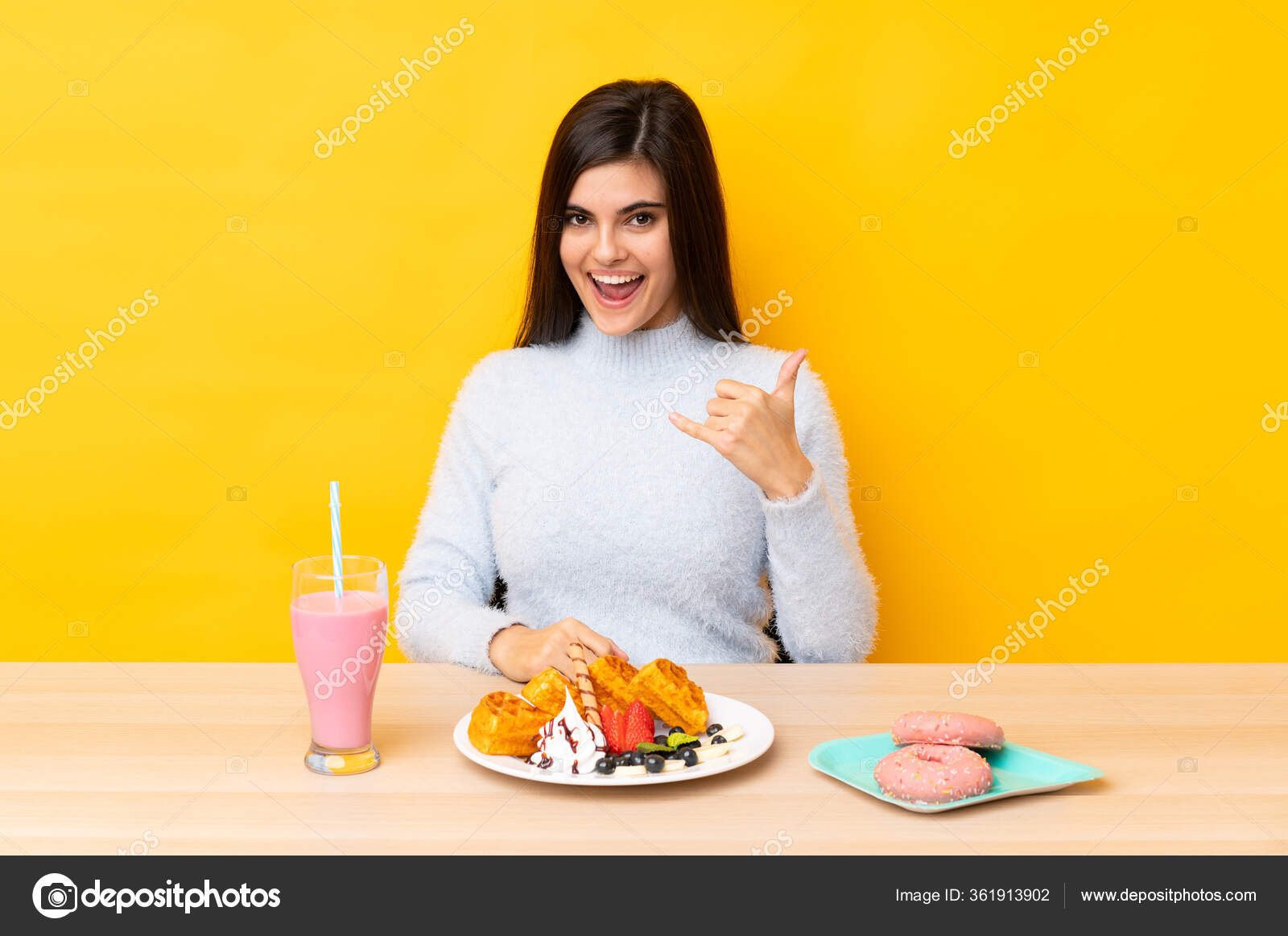 Young Woman Eating Waffles Milkshake Table Isolated Yellow Background ...