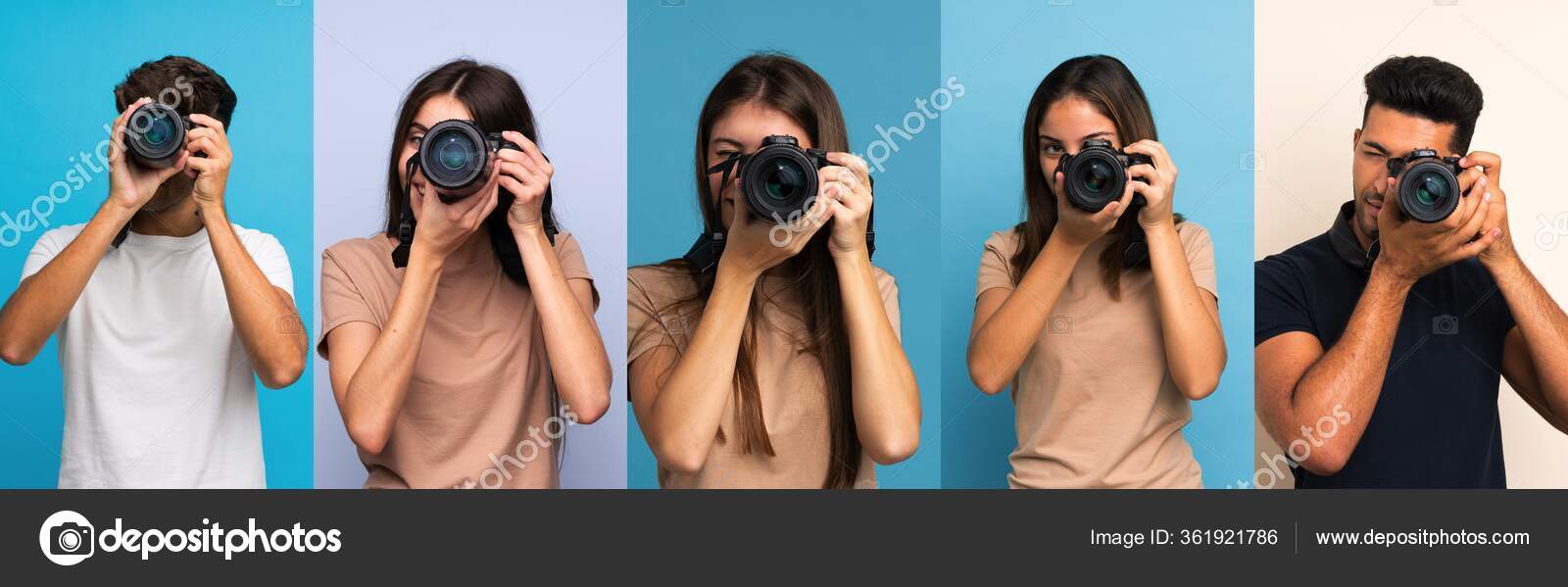 Set People Blue Background Professional Camera — Stock Photo ...