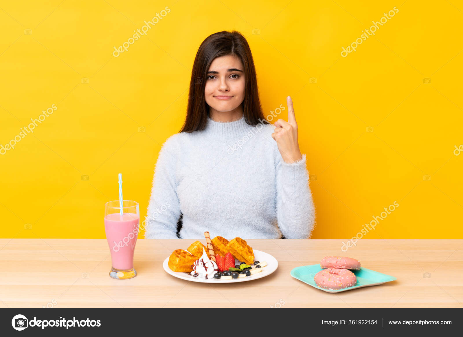 Young Woman Eating Waffles Milkshake Table Isolated Yellow Background ...
