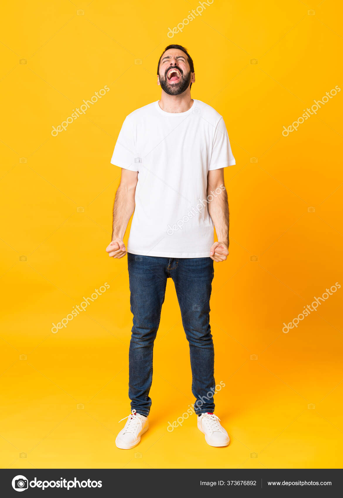 Full Length Shot Man Beard Isolated Yellow Background Shouting Front ...