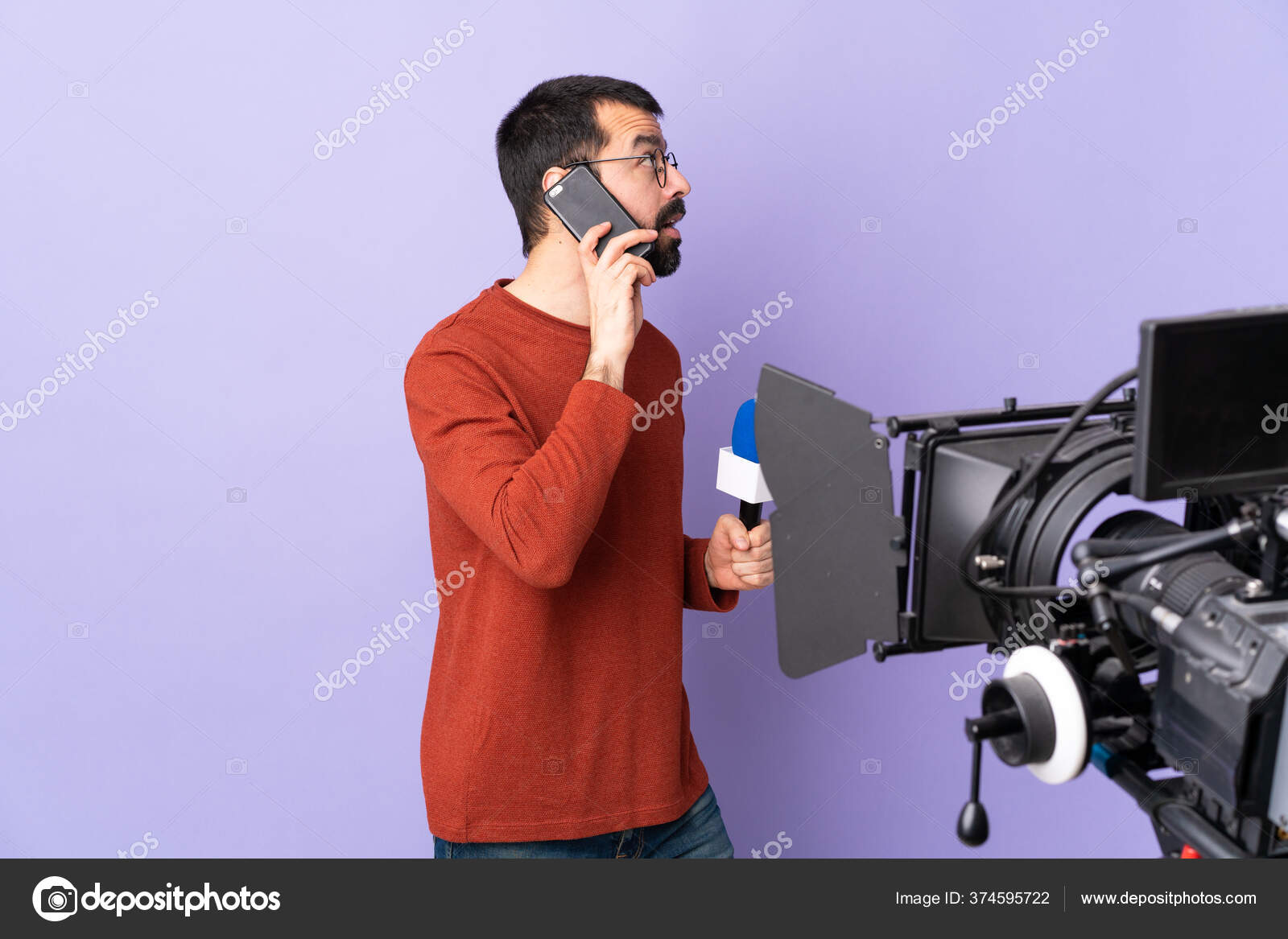 Reporter Man Holding Microphone Reporting News Isolated Purple ...