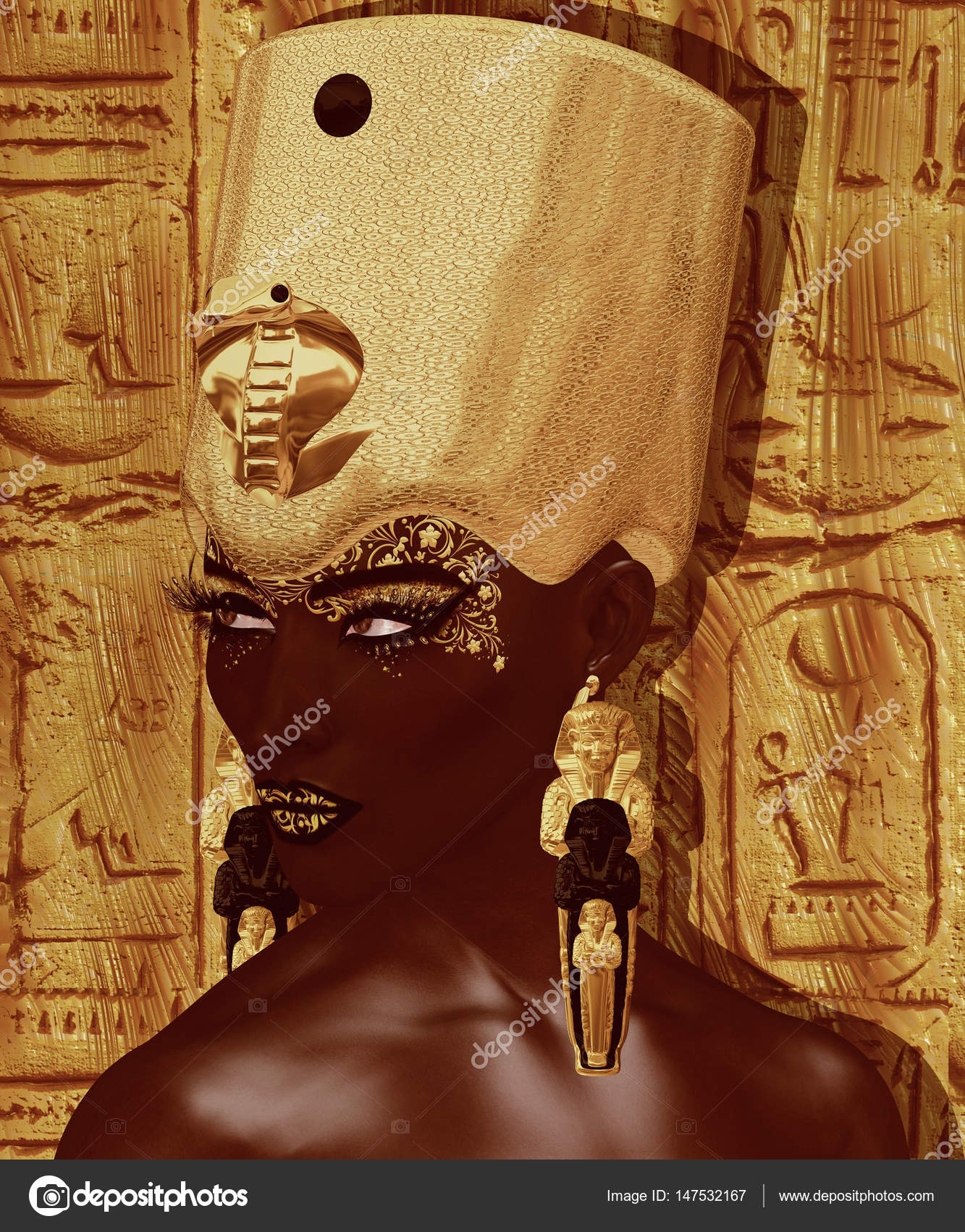 Black Egyptian Queen, beautiful face, hieroglyphics background in stone ...
