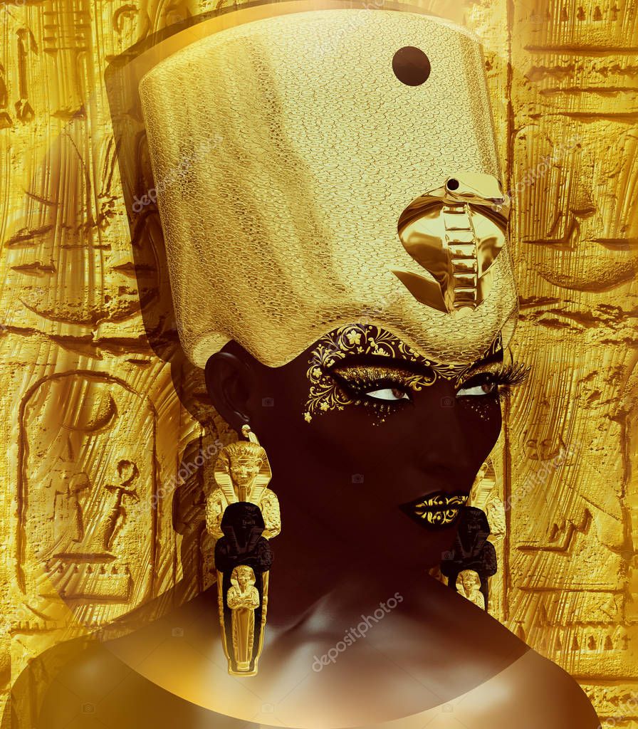 Reina Egipcia, faraón con corona de oro, ureaus, serpiente y hermoso ...