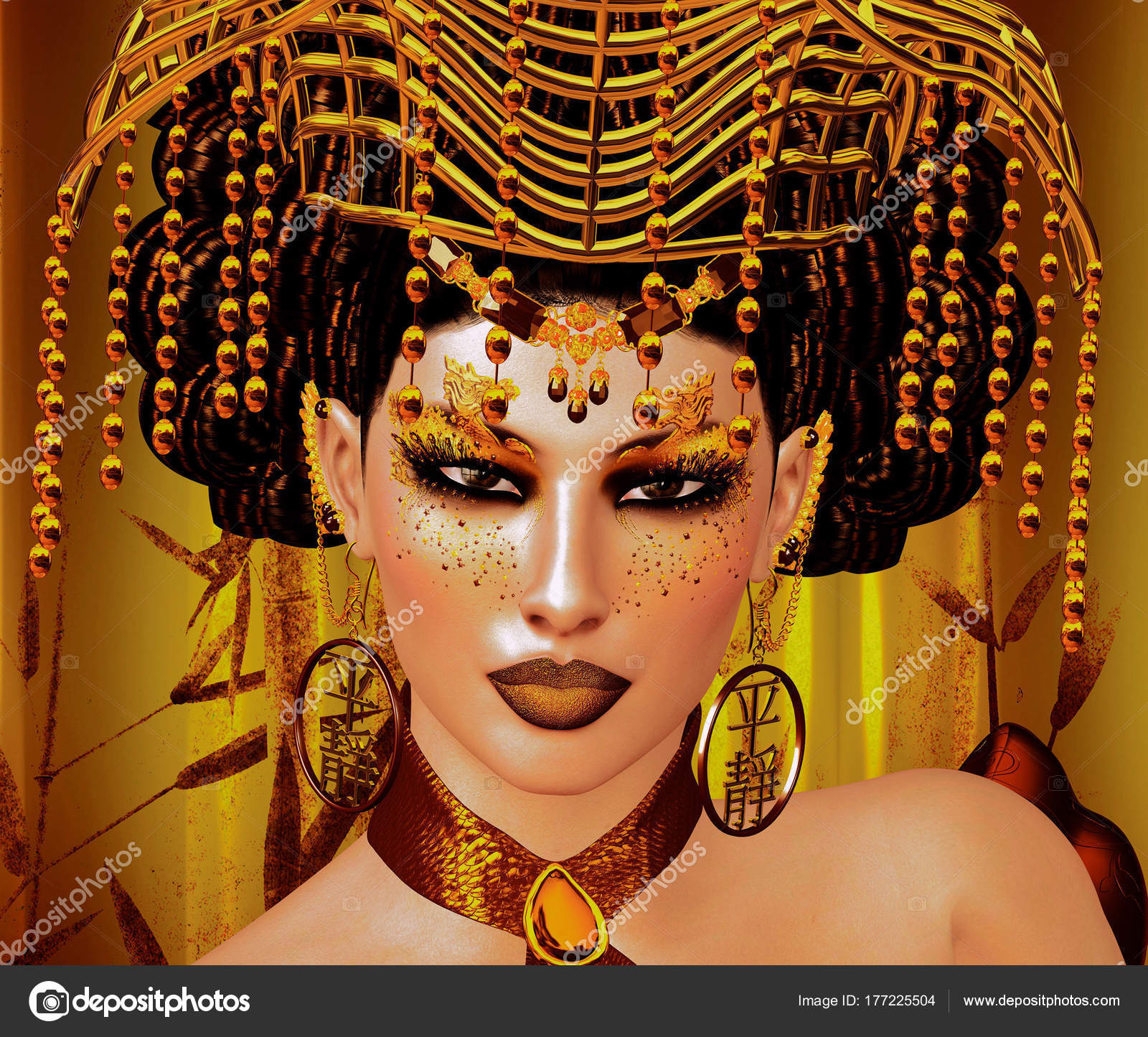 Gold Crown Rests Head Beautiful Asian Woman Gold Beads Accessories ...