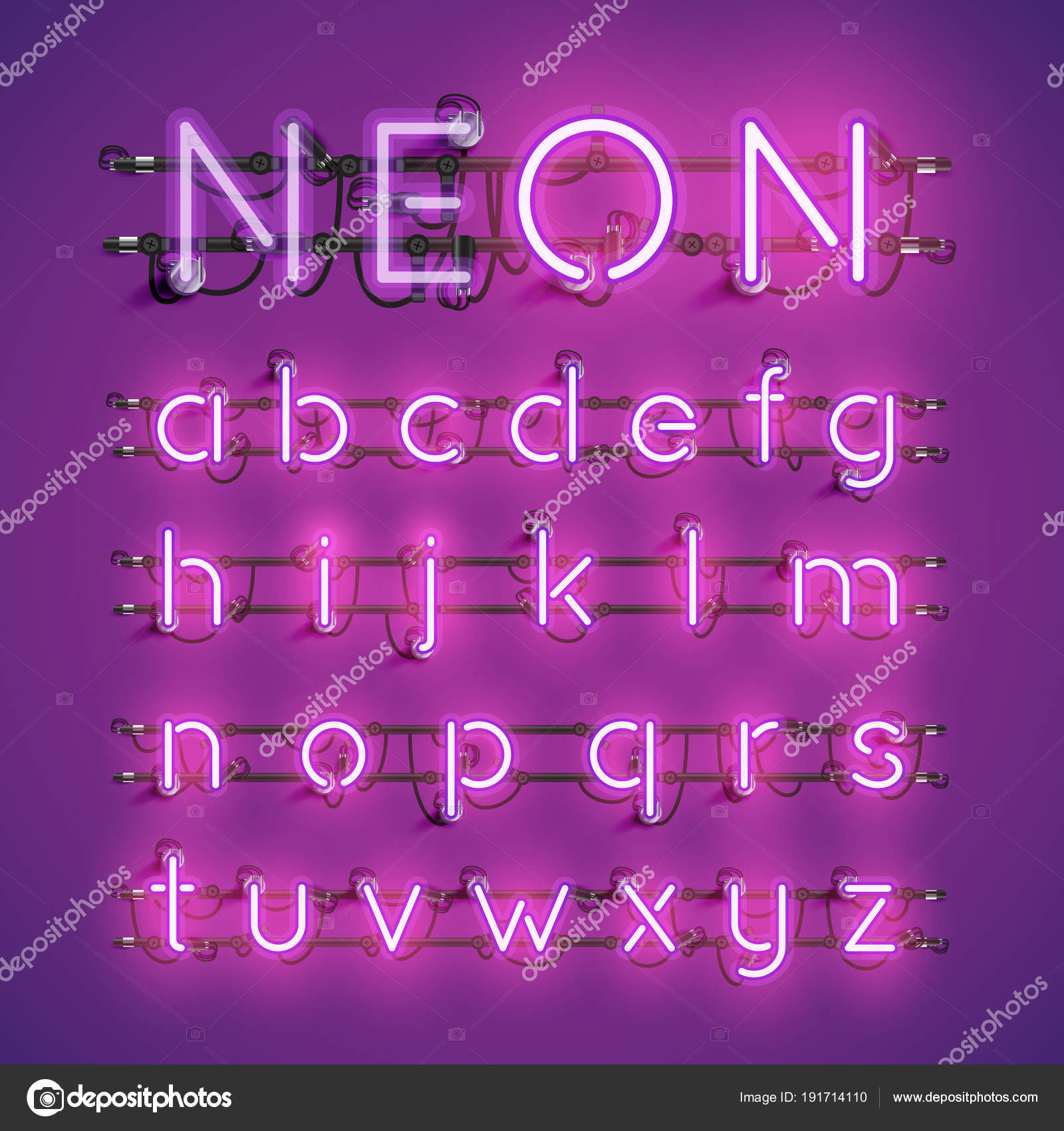 Realistic neon font with wires and console, vector illustration Stock ...