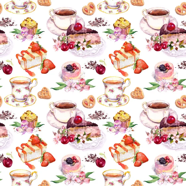Tea pattern with teacups, cakes and flowers. Watercolor for tea time ...
