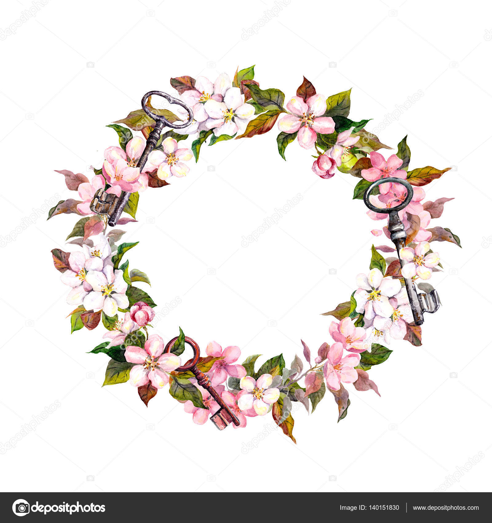 Vintage floral wreath with spring flowers, feathers, keys. Watercolor ...