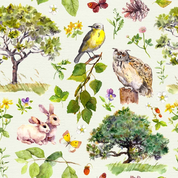 Forest and park: bird, rabbit animal, tree, leaves, flowers, grass ...