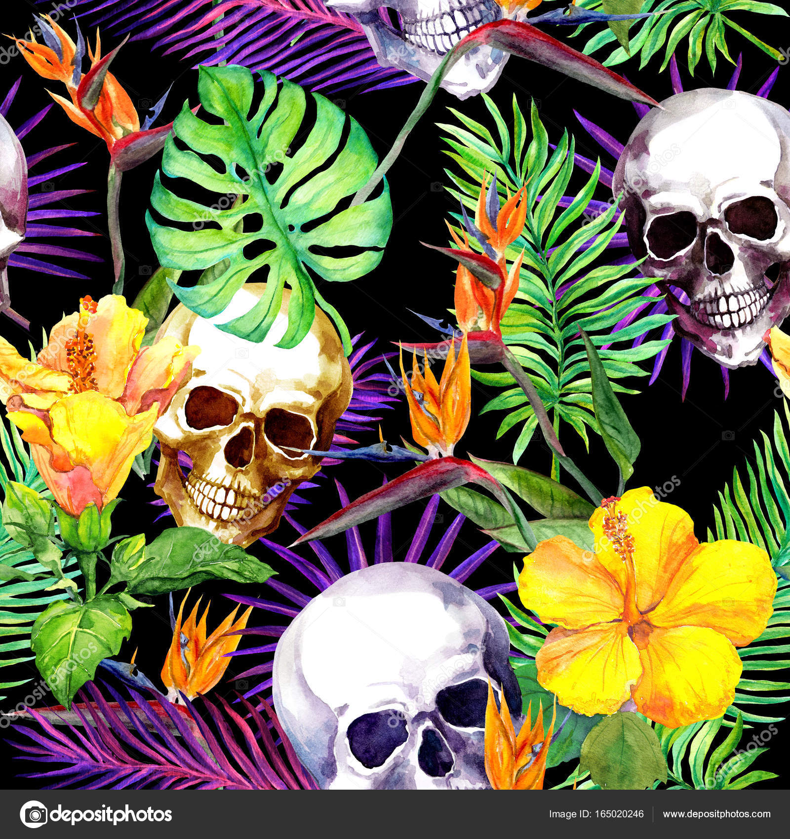 Human skulls, tropical leaves, exotic flowers. Repeating pattern at ...