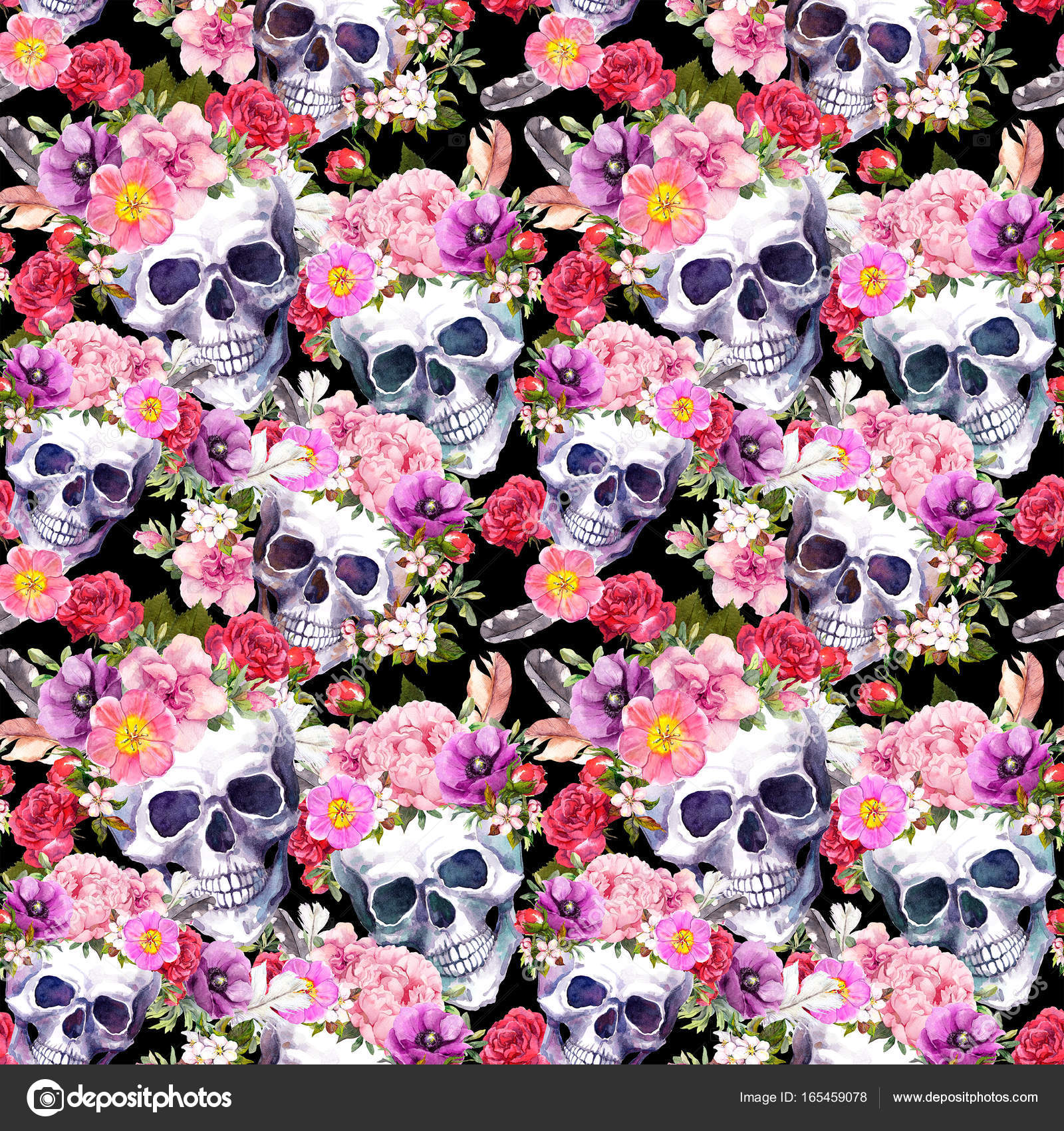 Human Skulls Flowers Seamless Pattern Watercolor Stock Illustration