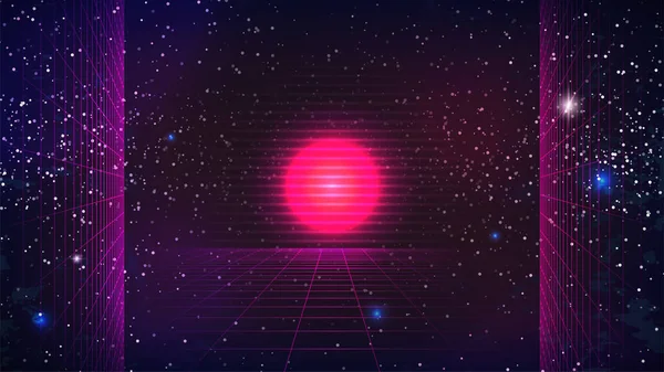 Synthwave vaporwave retrowave pink background with great glow in the middle, laser grid, starry ...