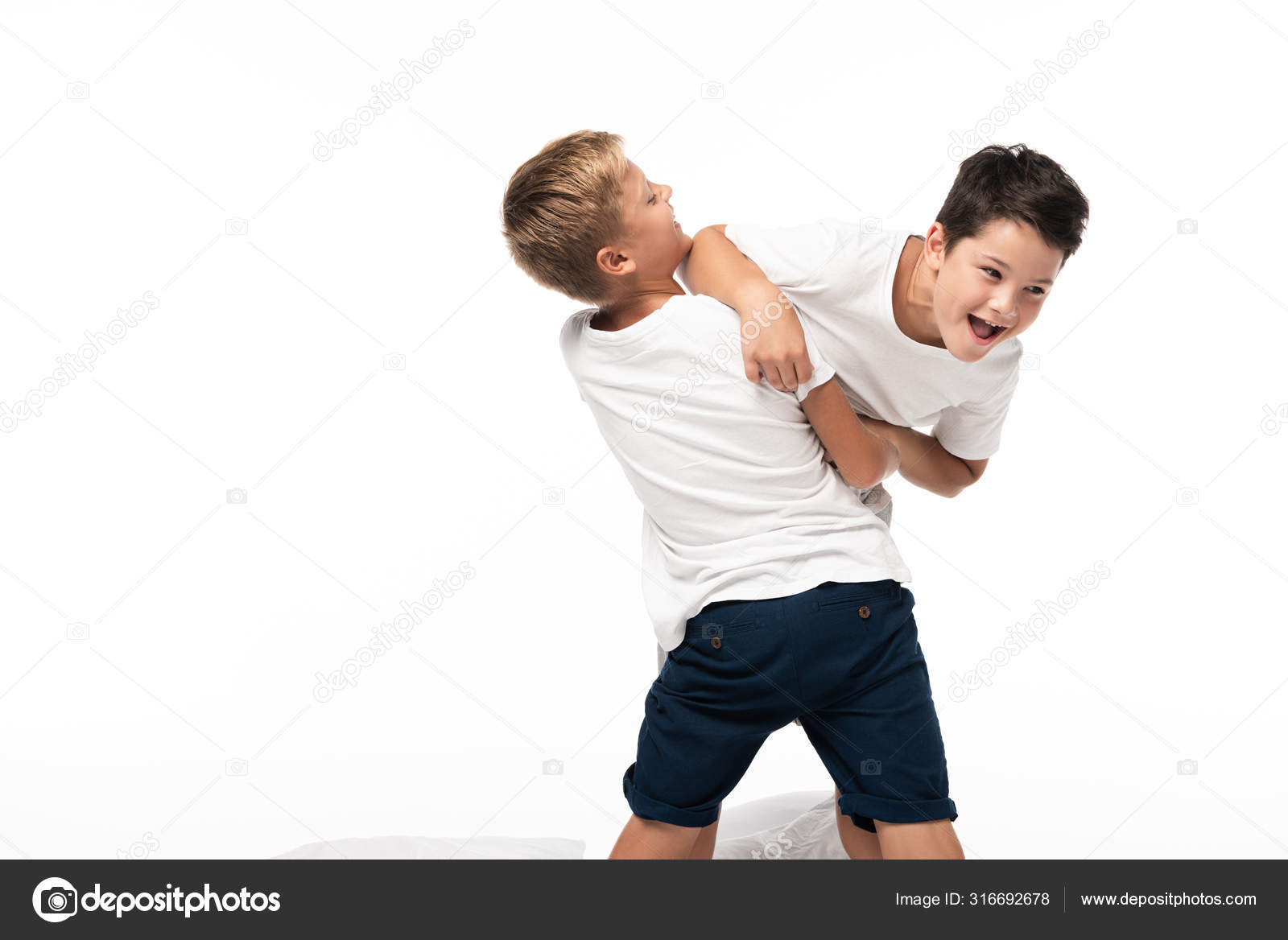 Two Brothers Having Fun While Imitating Fighting Isolated White Stock ...