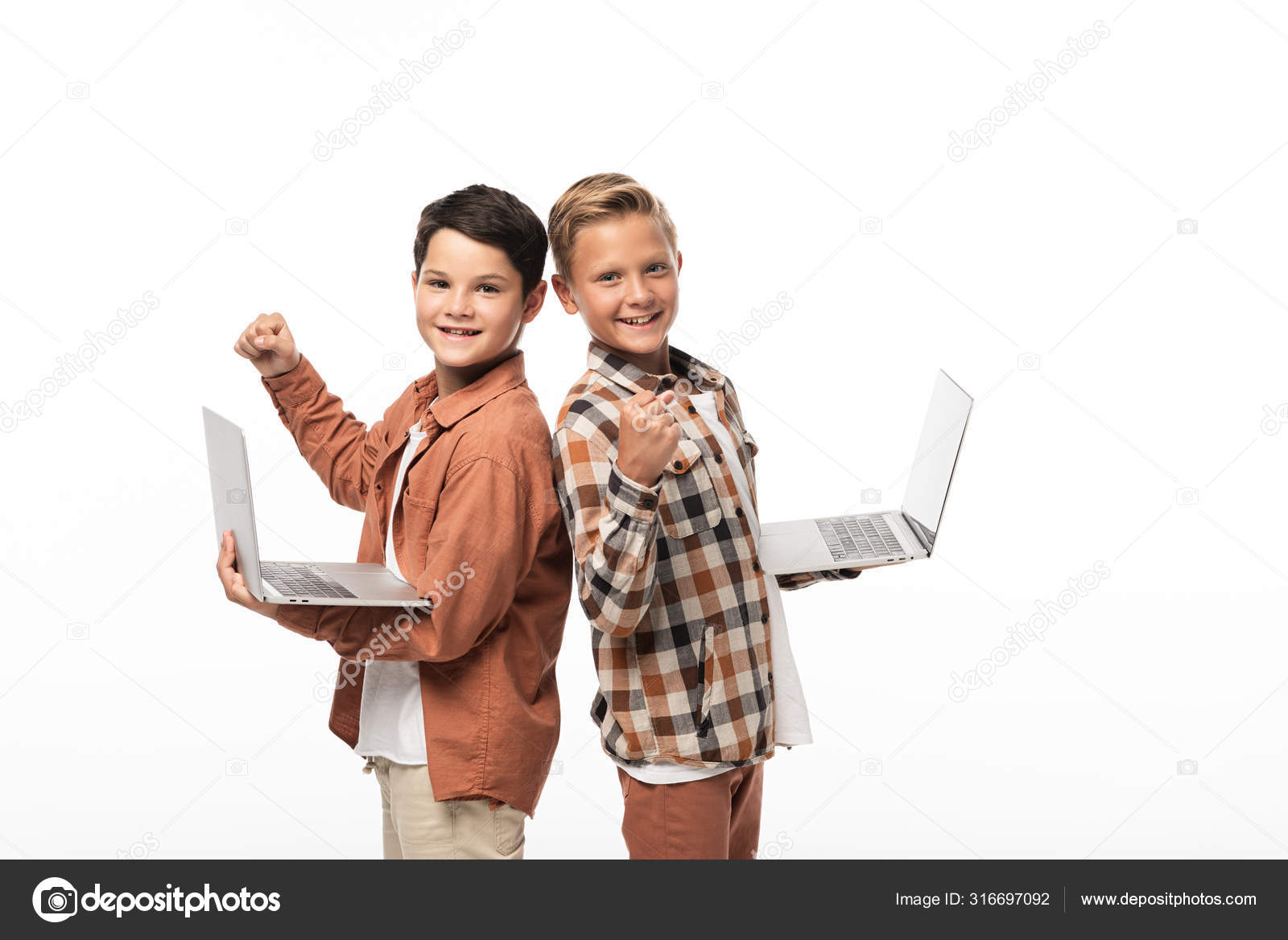 Two Smiling Brothers Holding Laptops Showing Thumbs Looking Camera ...