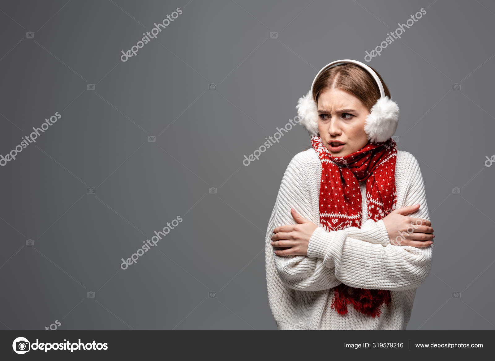 Cold Angry Girl White Sweater Earmuffs Scarf Posing Crossed Arms Stock ...
