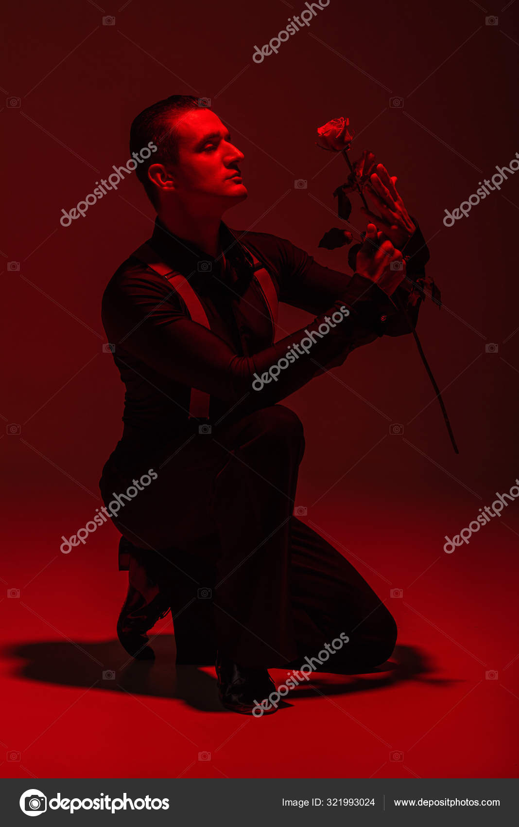 Sensual Tango Dancer Holding Red Rose While Standing Knee Dark — Stock ...