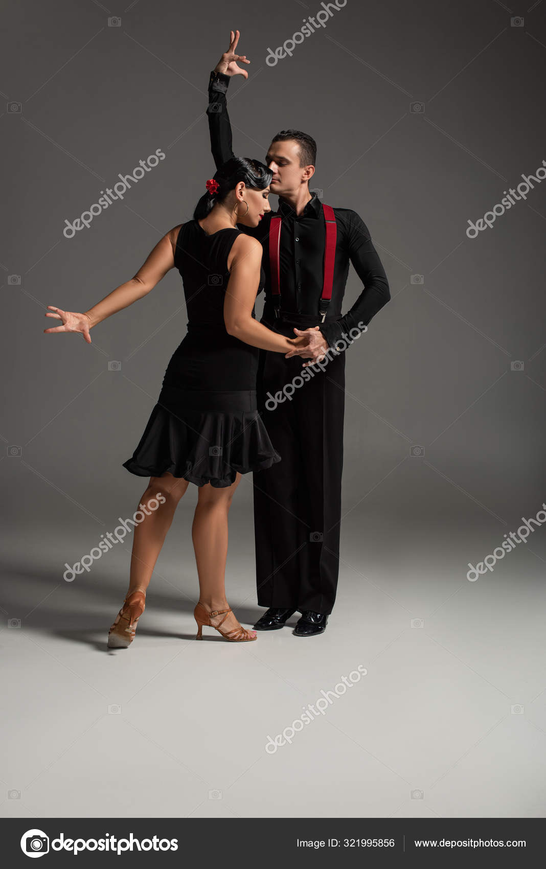 Two Expressive Dancers Black Clothing Performing Tango Grey Background ...