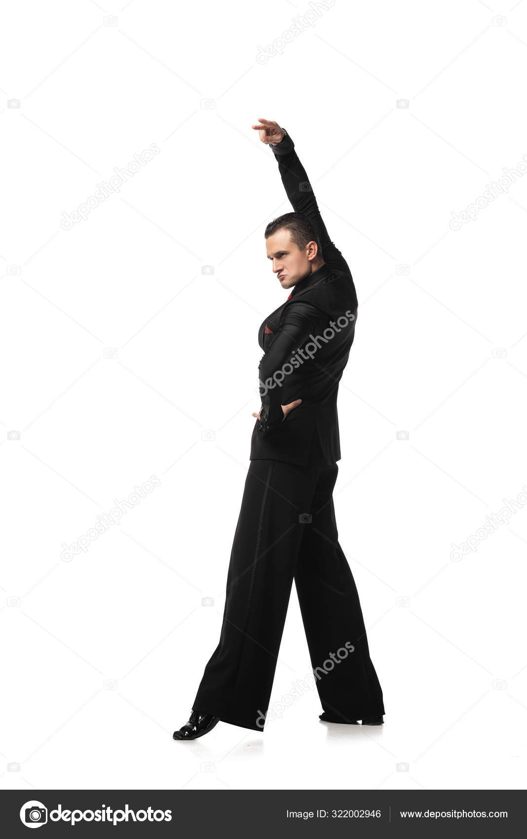 Expressive Dancer Elegant Black Suit Performing Tango Hand Hip White ...