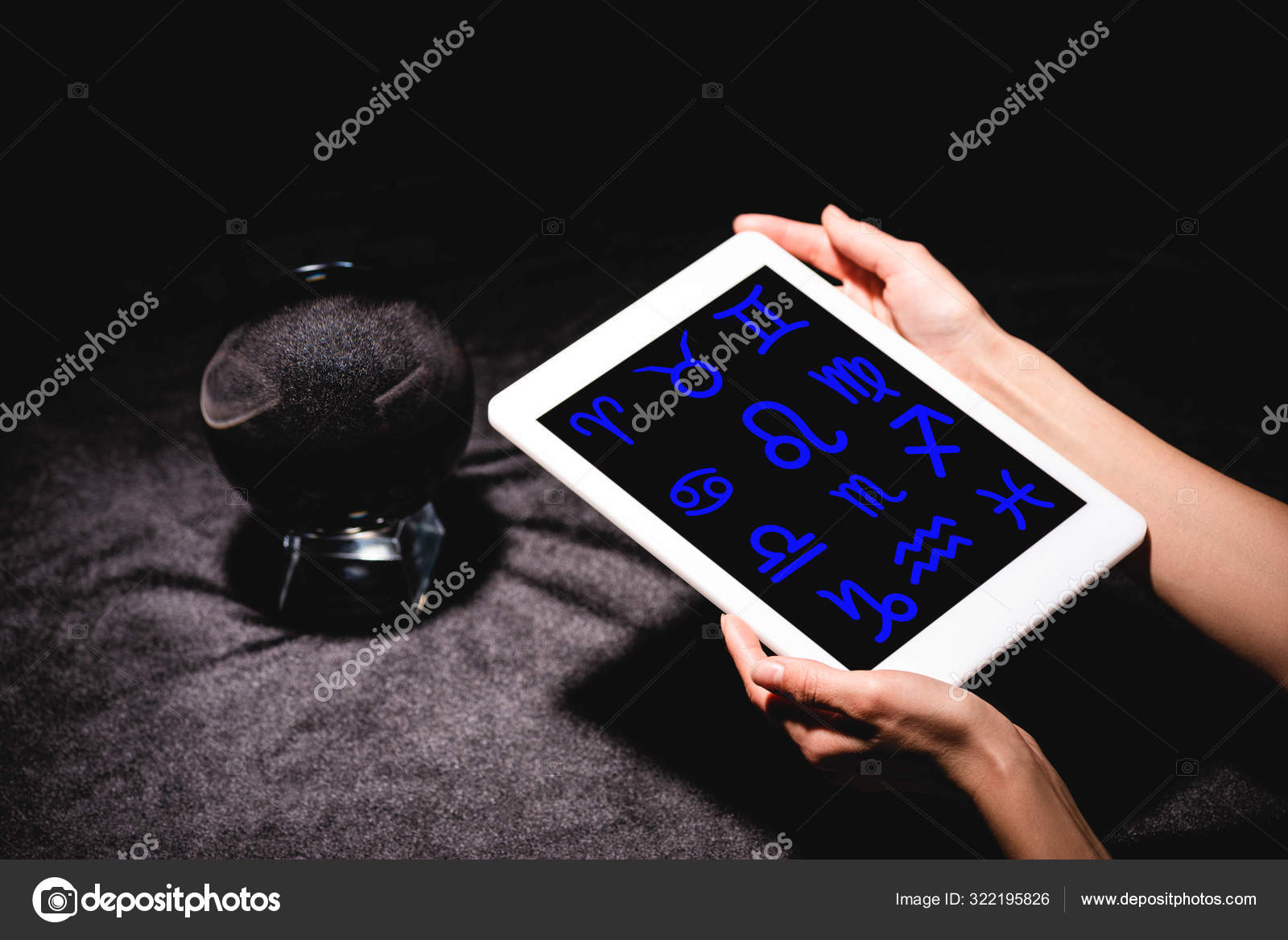 Cropped View Astrologer Holding Digital Tablet Zodiac Signs Crystal ...