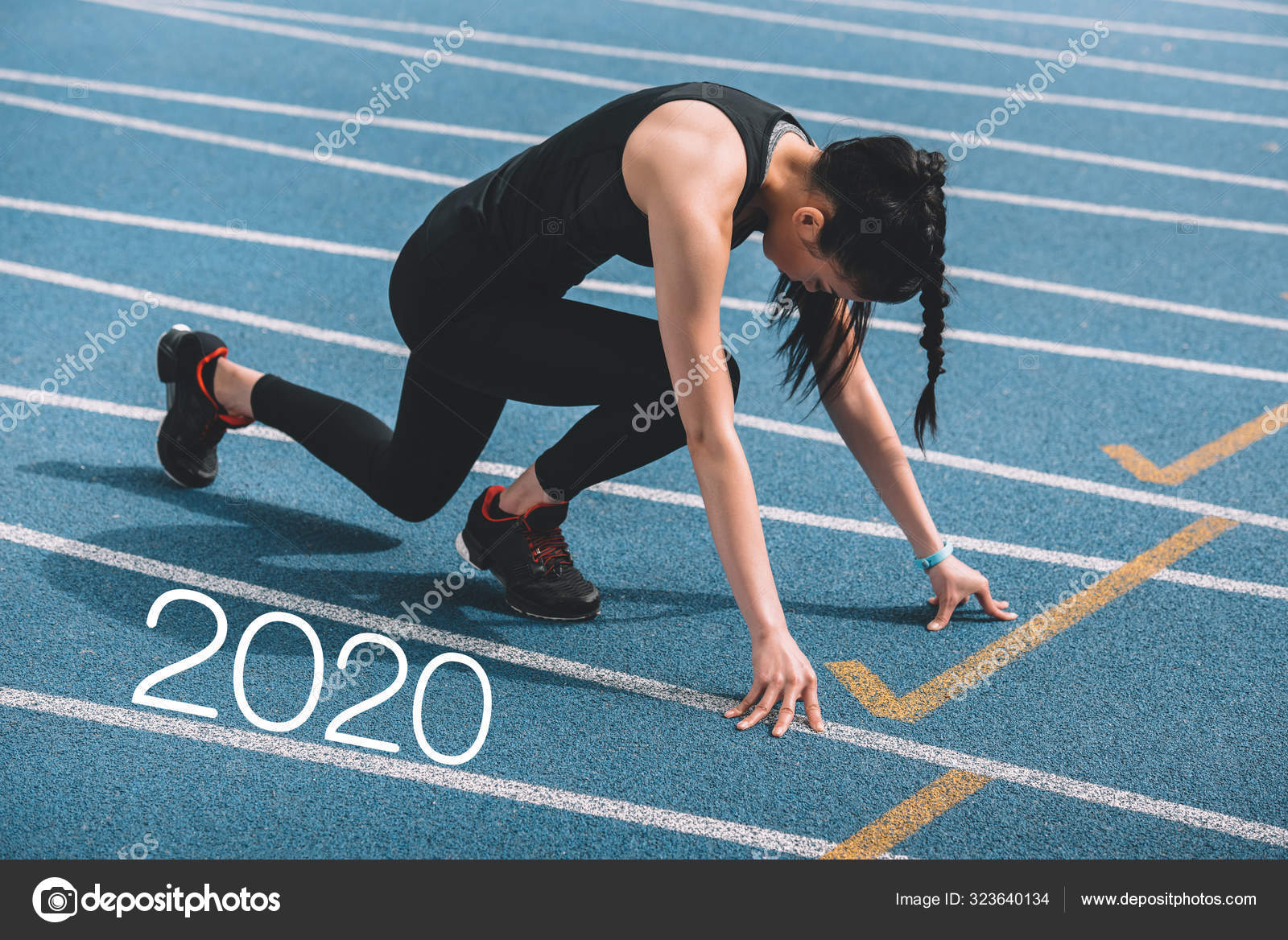 Young Sportswoman Standing Start Positing Running Track 2020 Lettering ...