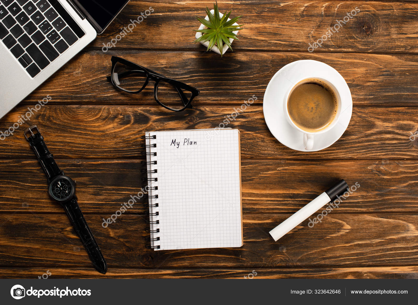 Notebook Plan Lettering Laptop Coffee Cup Felt Tip Pen Glasses — Stock ...