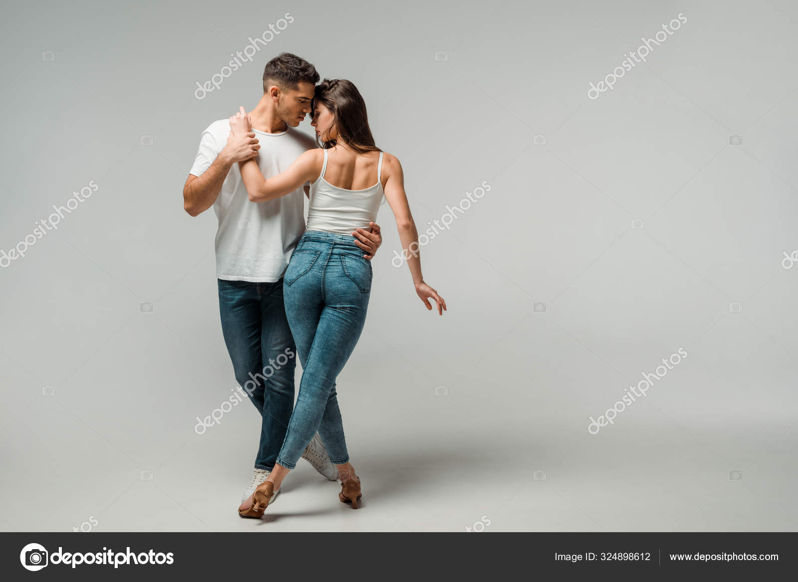 Dancers Denim Jeans Dancing Bachata Grey Background — Stock Photo ...