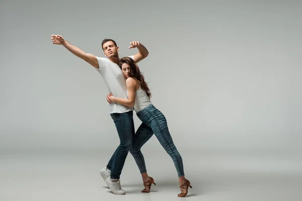 Dancers Denim Jeans Dancing Bachata Grey Background — Stock Photo ...