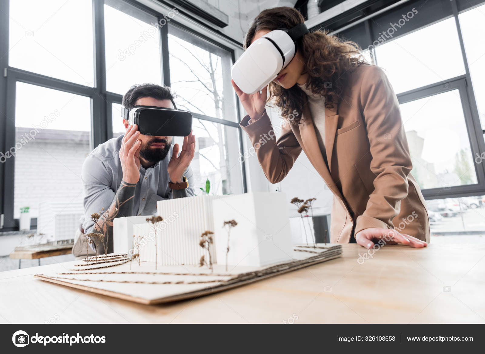 Virtual Reality Architects Virtual Reality Headsets Looking Model House ... Virtual Reality Architects Virtual Reality Headsets Looking Model House ...