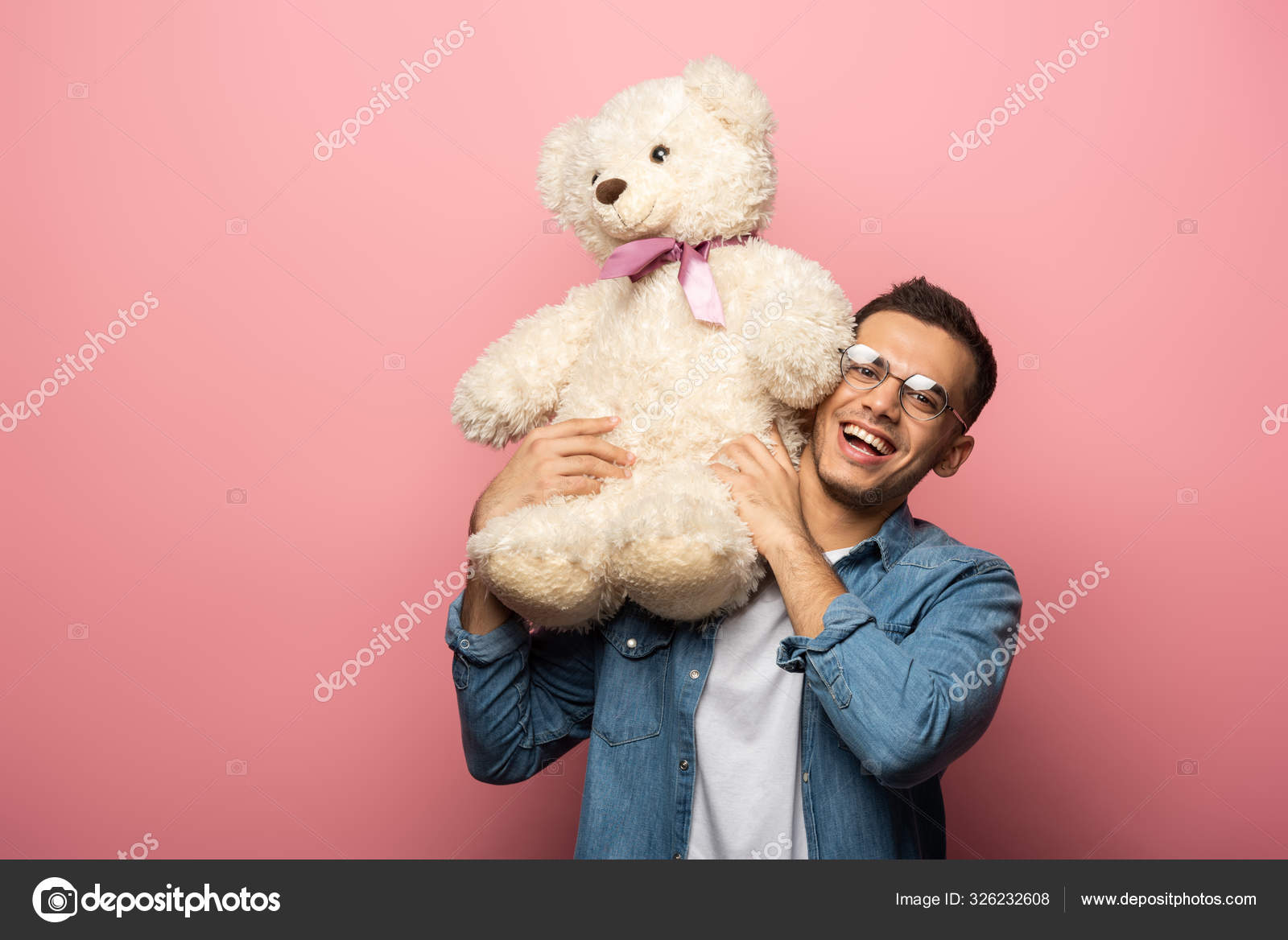 Smiling Man Holding Teddy Bear Looking Camera Pink Background Stock ...