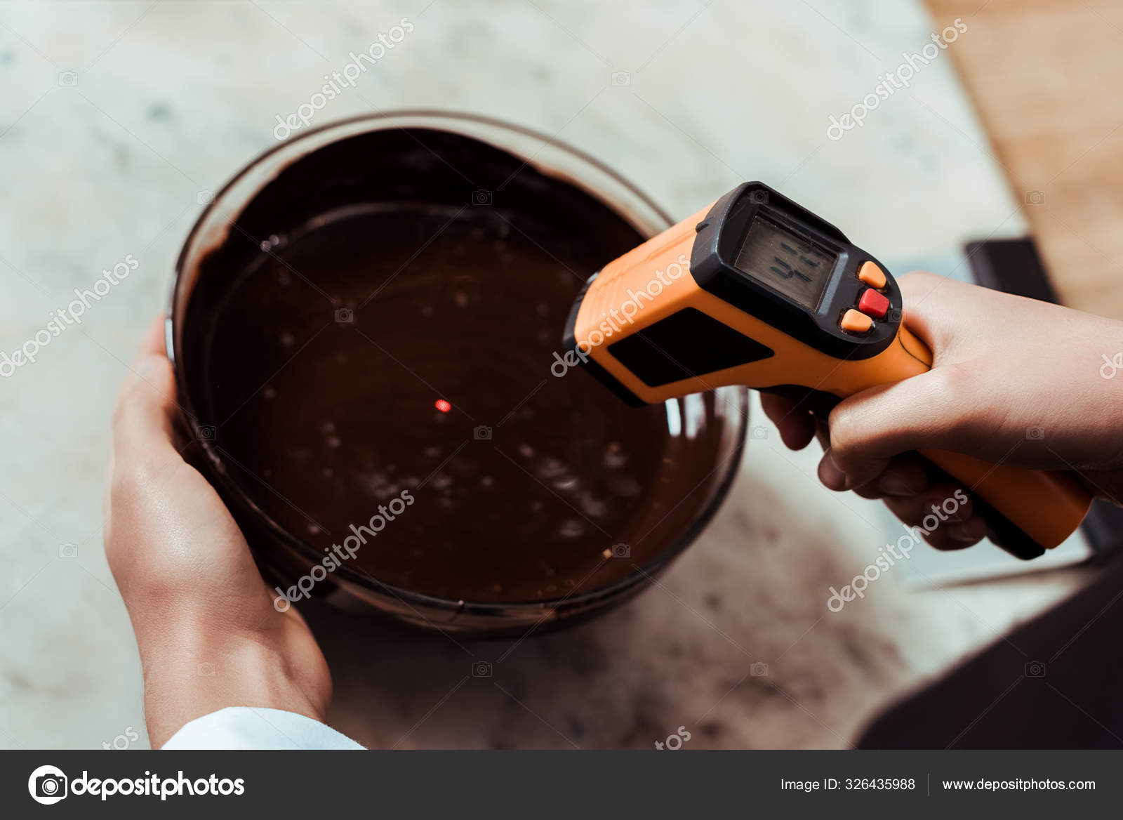 Cropped View Chocolatier Holding Cooking Thermometer Bowl Dark ...