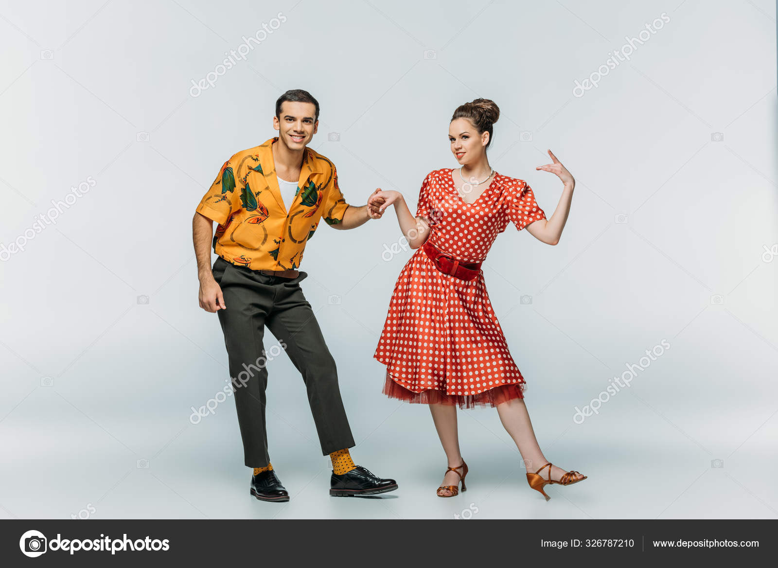 Smiling Dancers Looking Camera While Dancing Boogie Woogie Grey ...