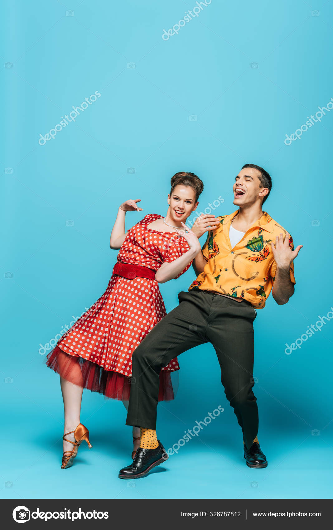 Excited Dancers Dancing Boogie Woogie Blue Background Stock Photo by ...