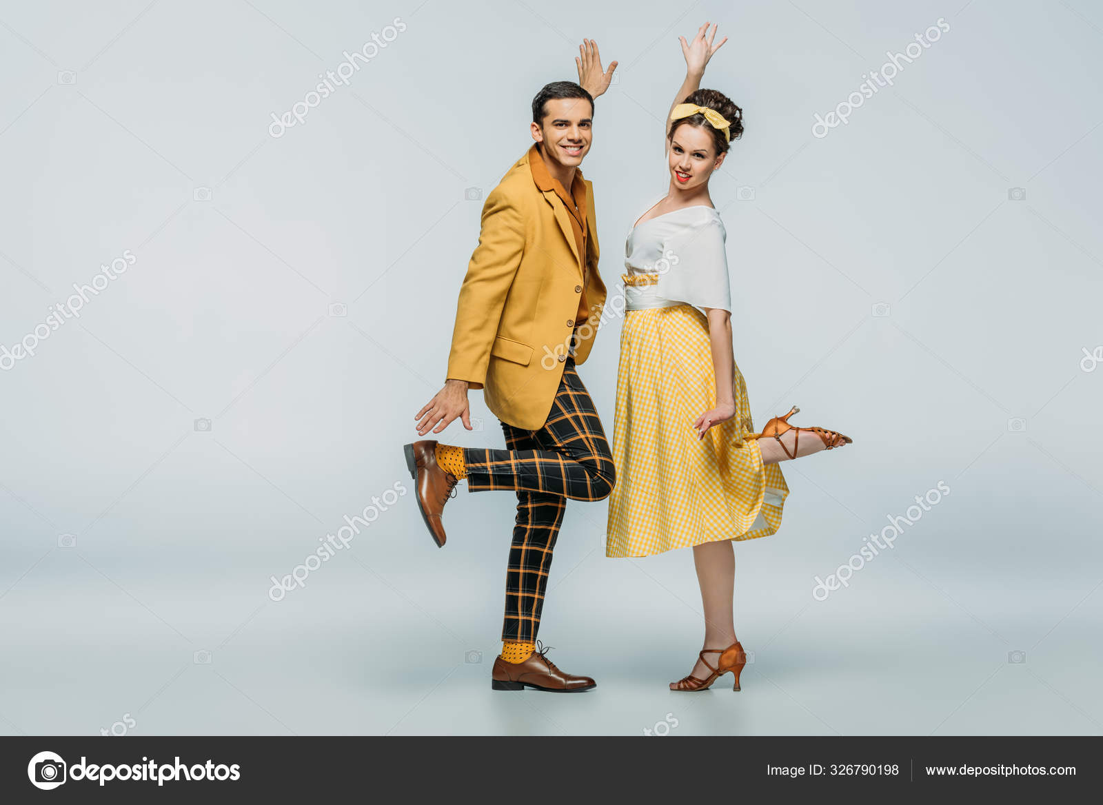 Cheerful Dancers Smiling Camera While Dancing Boogie Woogie Grey ...