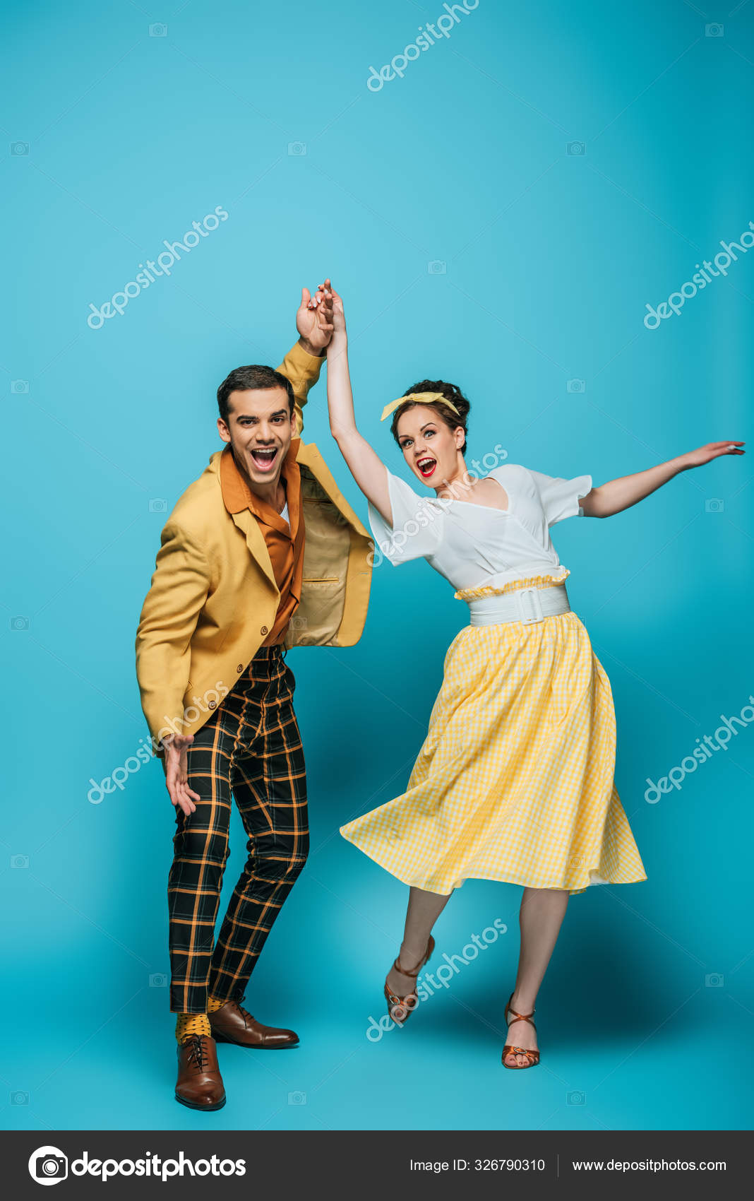 Happy Dancers Holding Hands While Dancing Boogie Woogie Blue Background ...
