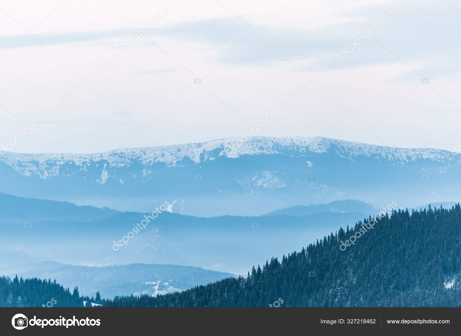 Scenic View Snowy Mountains Pine Trees Cloudy Sky — Stock Photo ...