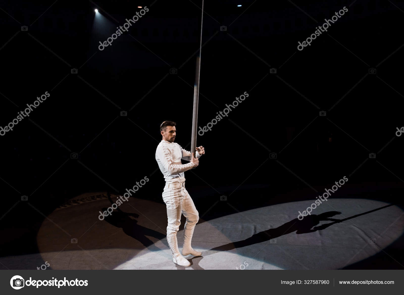 Handsome Acrobat Standing Metallic Pole Circus — Stock Photo ...