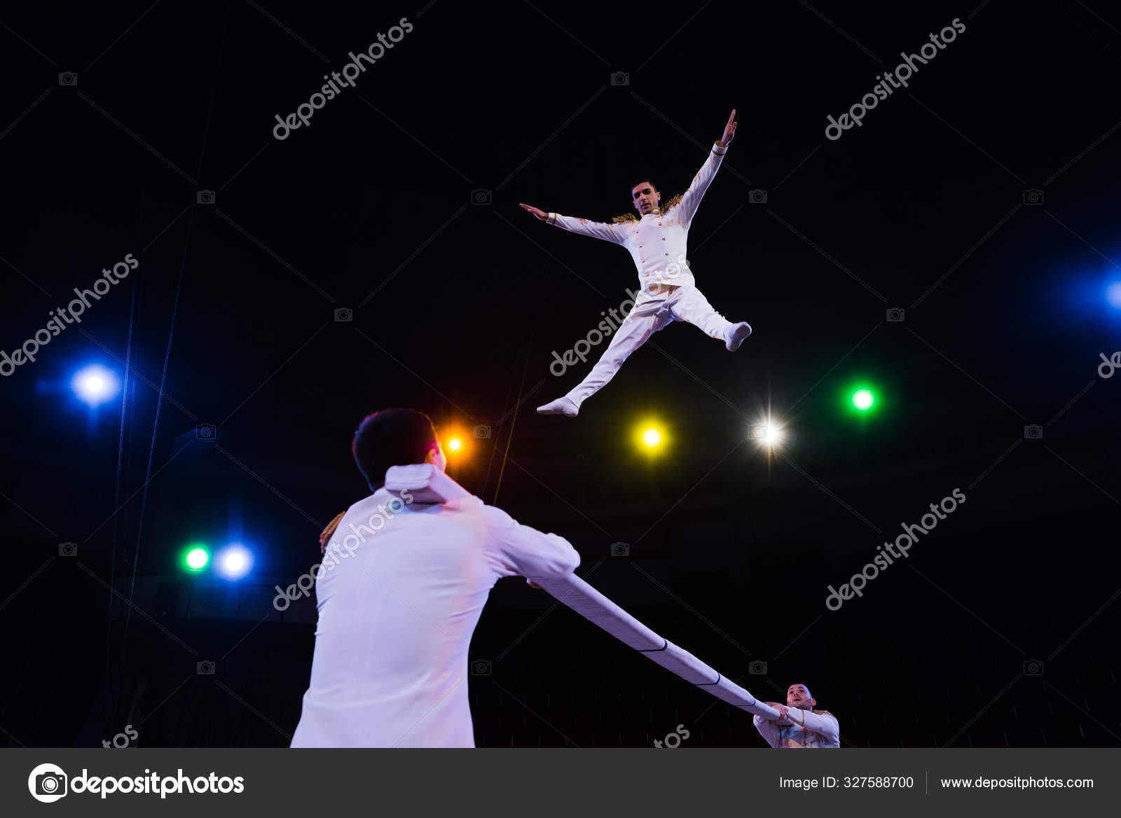 Low Angle View Handsome Air Acrobat Outstretched Hands Jumping Pole ...